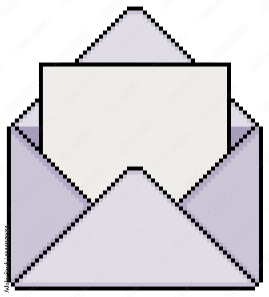 Pixel art open envelope with blank paper, open email vector icon for ...