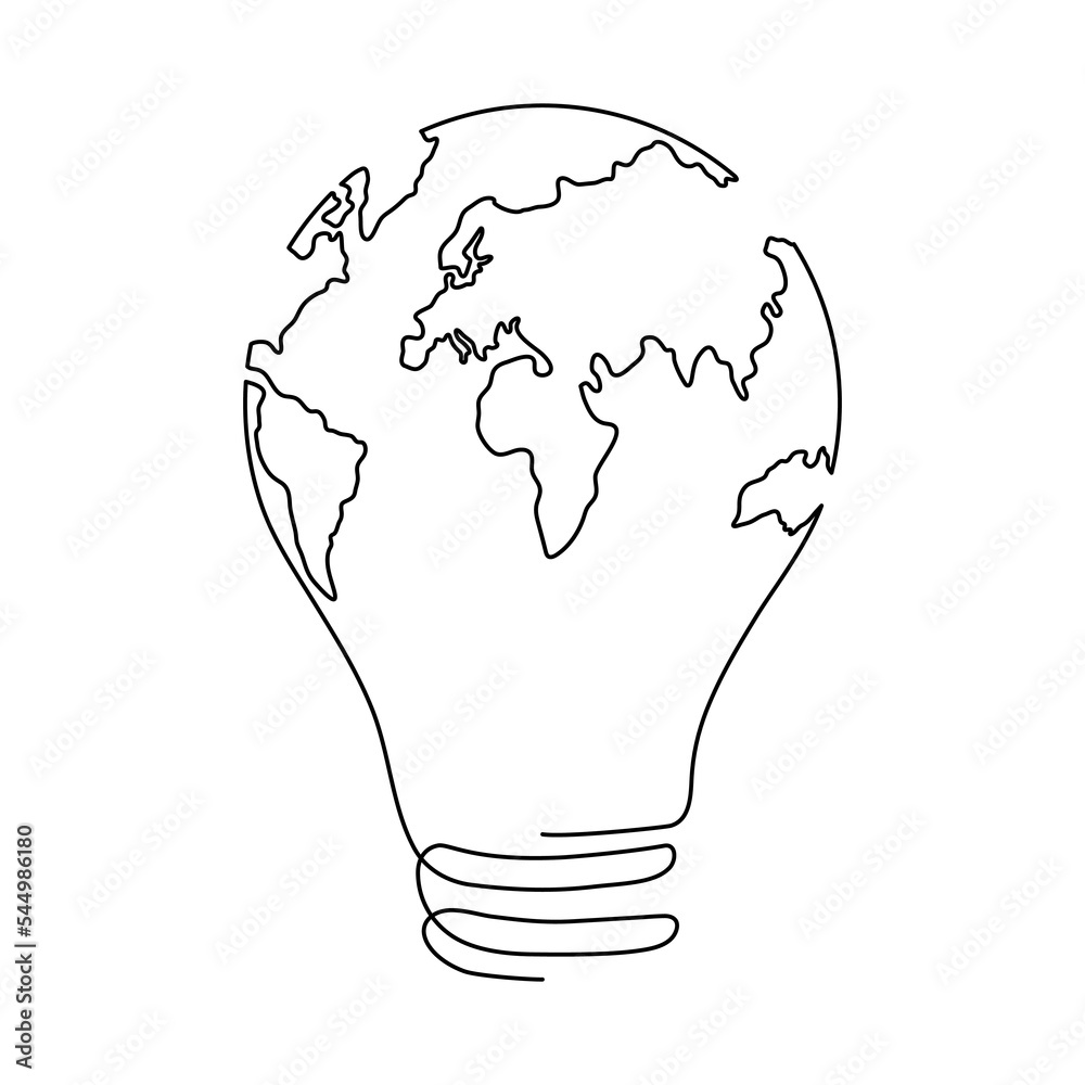 Lightbulb with Earth map one continuous line drawing. Vector isolated ...
