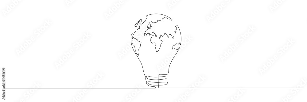 Lightbulb with Earth map one continuous line drawing. Vector isolated ...