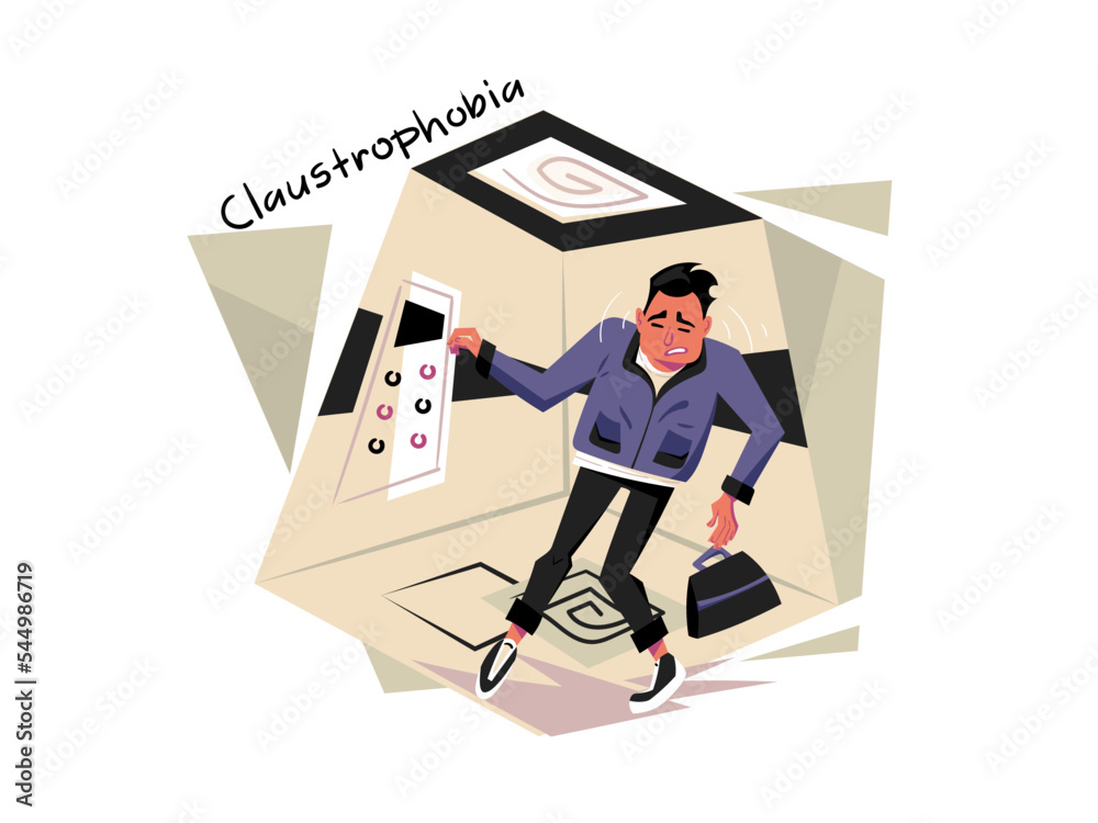 Claustrophobia. Man is closed in elevator and is having a panic attack ...