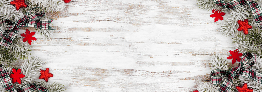 Christmas double border of red ornaments, snowy branches and plaid ...