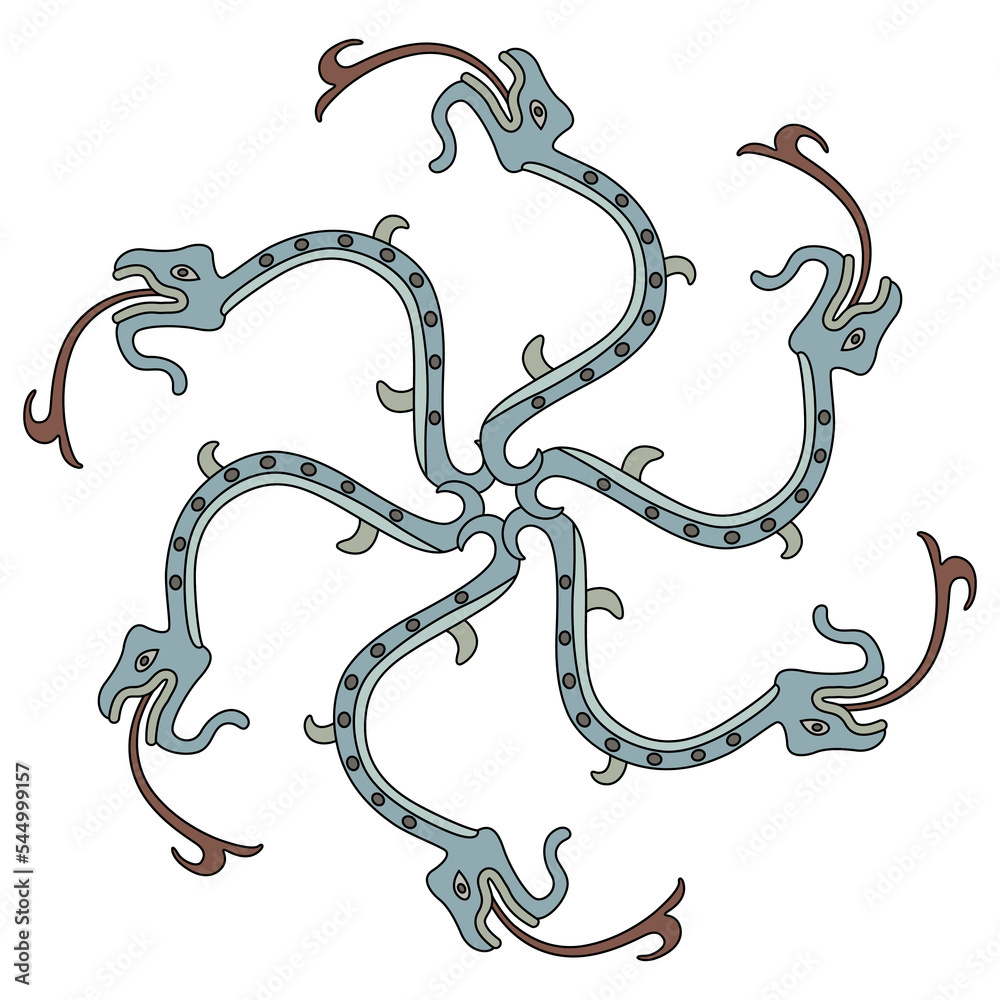 Round spiral animal ornament with snakes or dragons with protruded ...