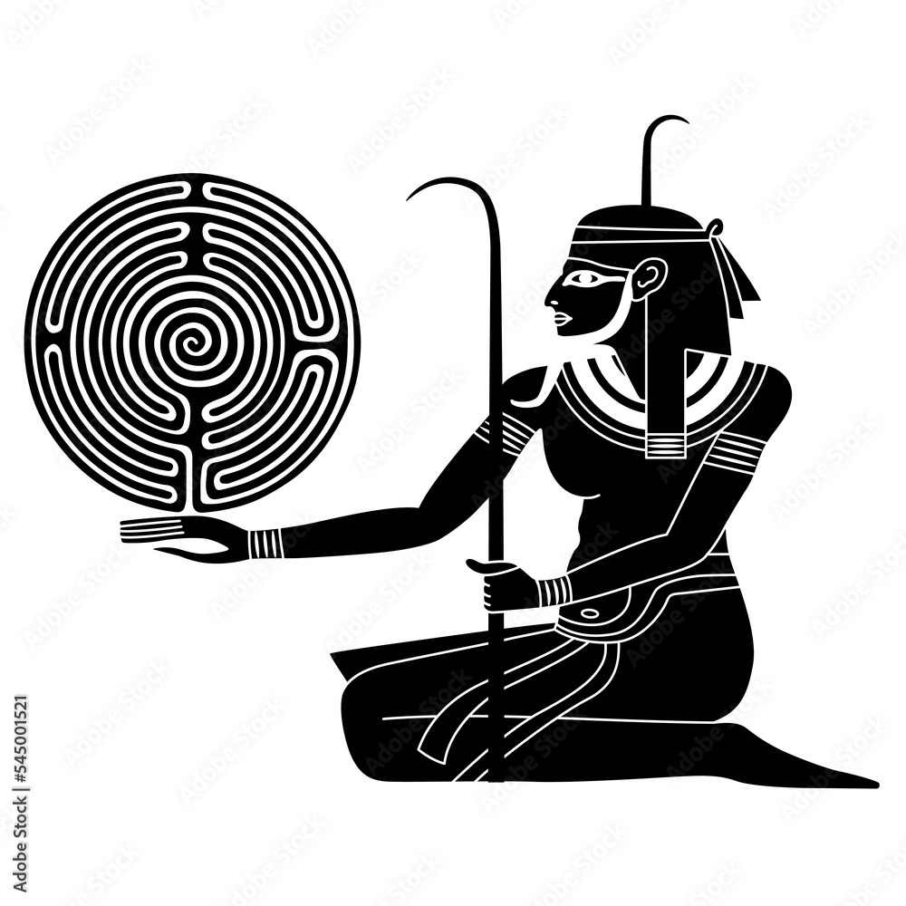Ancient Egyptian man holding a round spiral maze or labyrinth symbol ...
