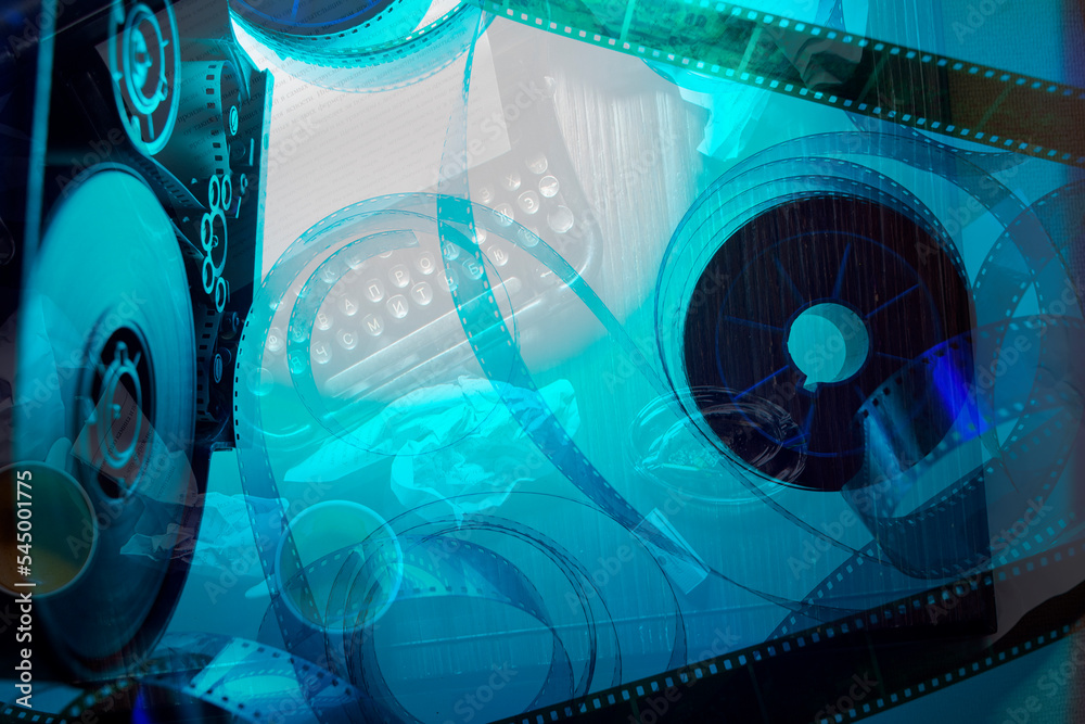 abstract background with film strip and typewriter. movie show script ...