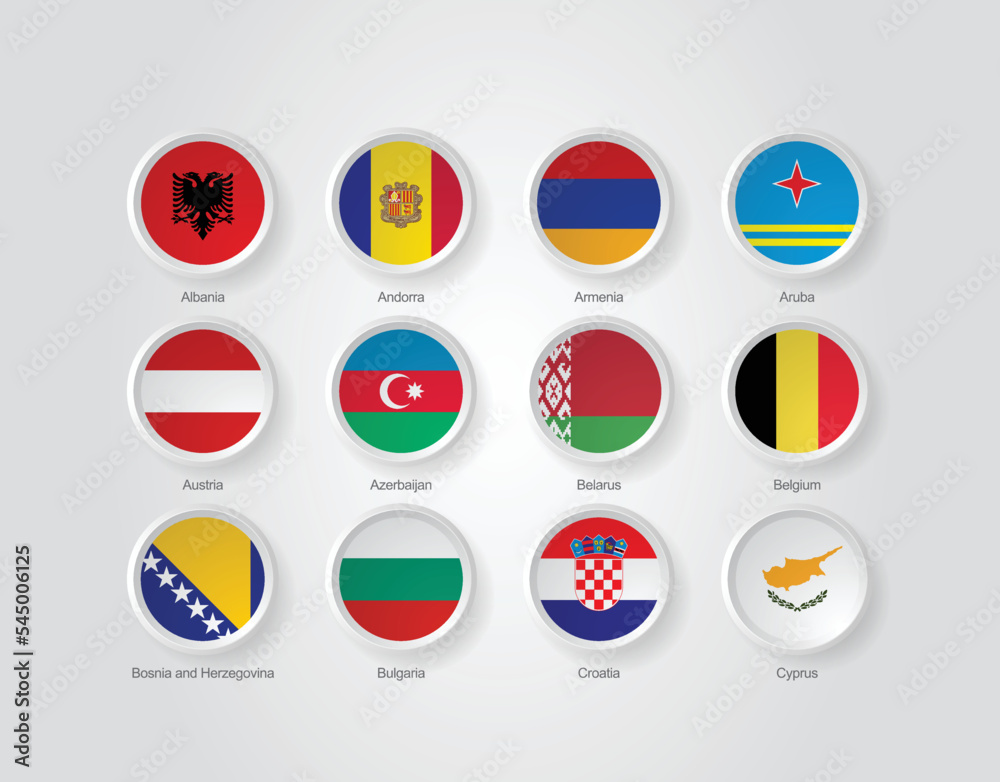 3D embossed and circular design flag icons for European countries ...