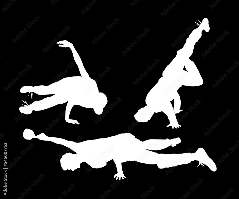 Break dance boy vector silhouette illustration isolated on black background. Modern urban dancer ...