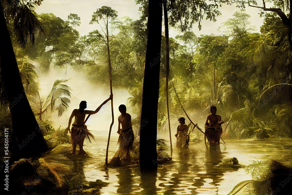 Silhouettes of indigenous amazonian tribal people in a flooded jungle ...