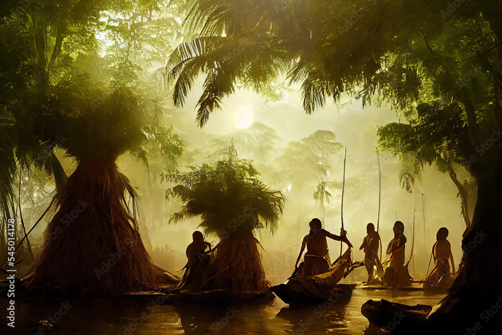 Silhouettes of indigenous amazonian tribal people in a flooded jungle ...