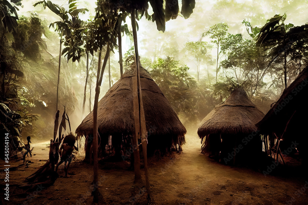 Indigenous amazonian tribe huts in the middle of a rainforest. Ancient civilisation in a ...