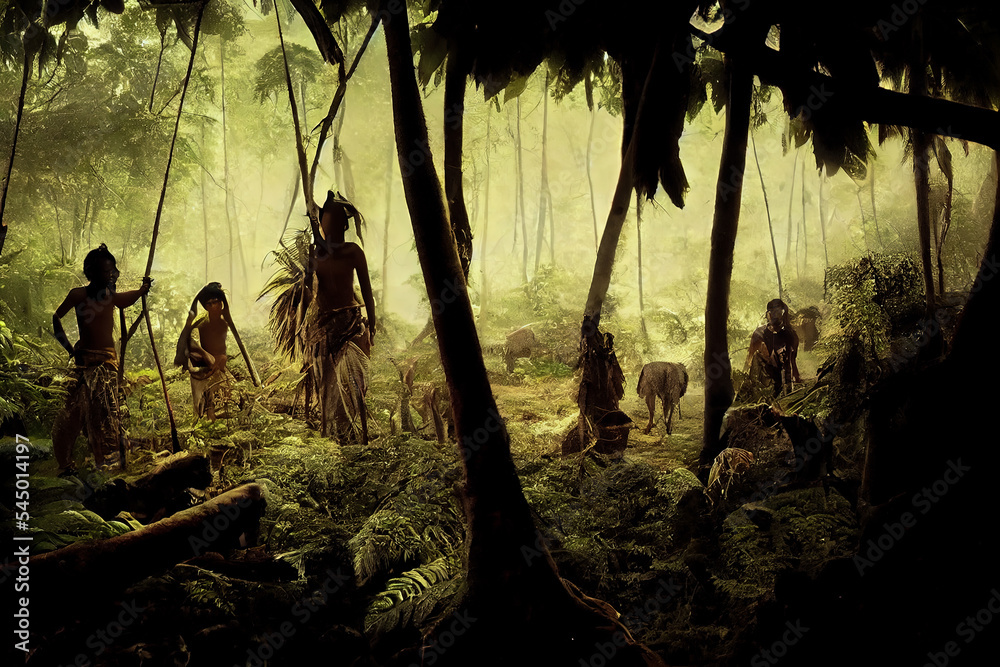 Indigenous Tribe People Of The Amazonian Tribes In A Tropical Jungle Environment Foraging And