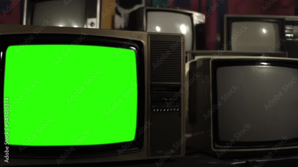 Retro TV Turning On Chroma Key Green Screen Among Many Vintage ...