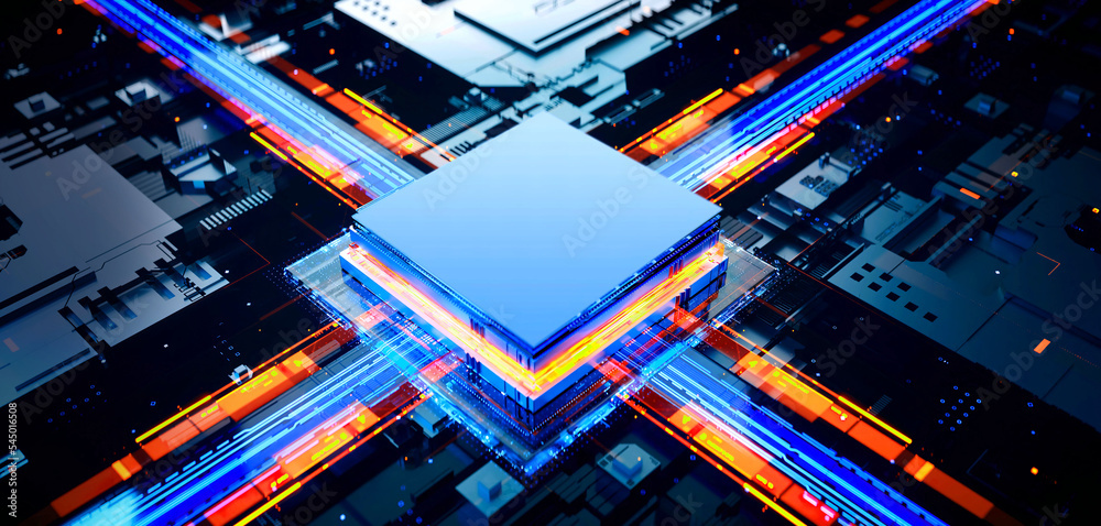 3D rendering of cyberpunk AI. Circuit board. Technology background ...