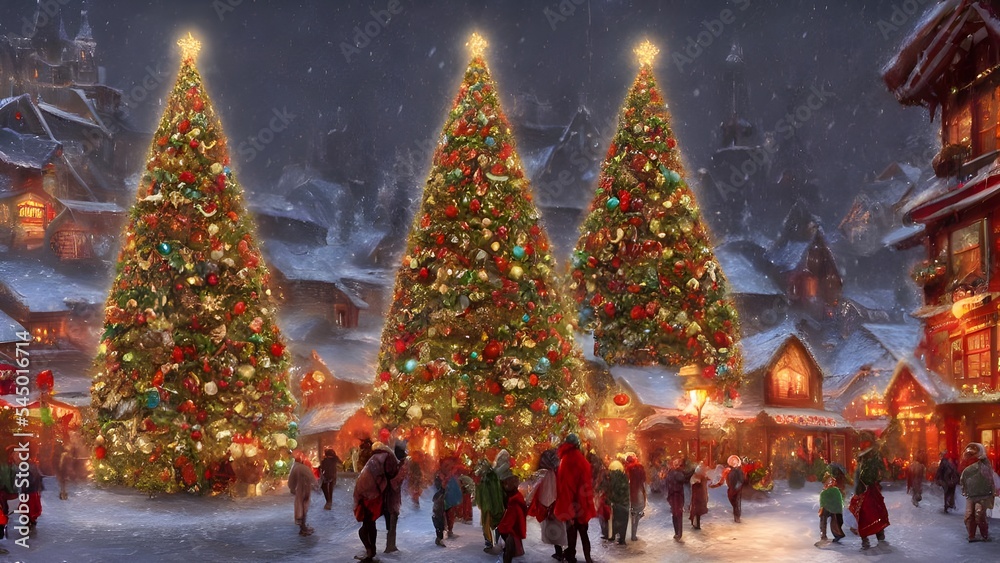 It's a cold winter night and the Christmas tree village is aglow with ...