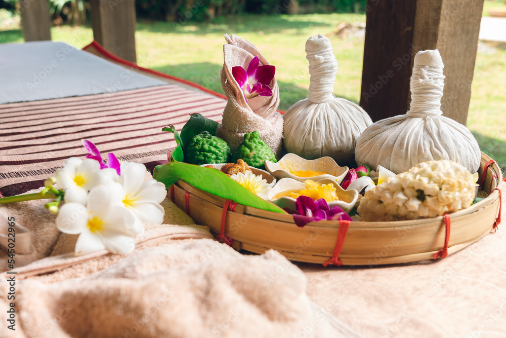 Herbs ingredients in bamboo basket for override the salt pot compress ...