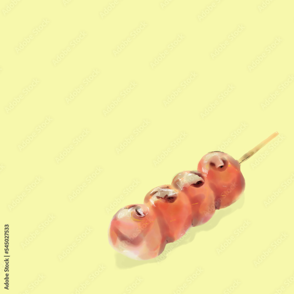 Mitarashi Dango, Japanese sweets rice cakes yellow background Stock ...