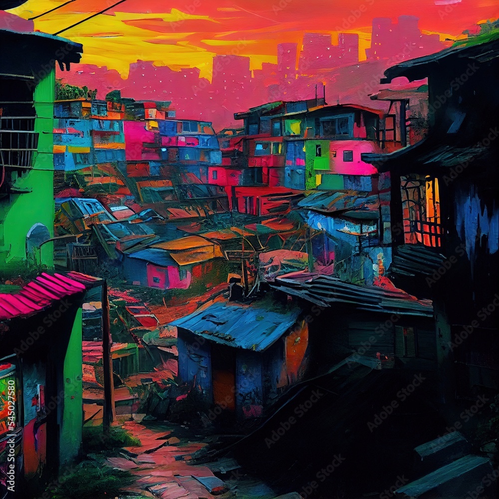 Colorful and vibrant overpopulated favela shantytown and the ...