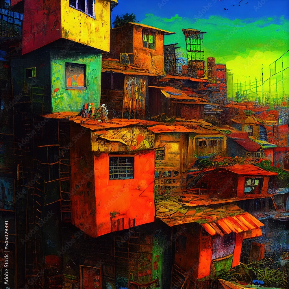 Colorful and vibrant overpopulated favela shantytown and the ...