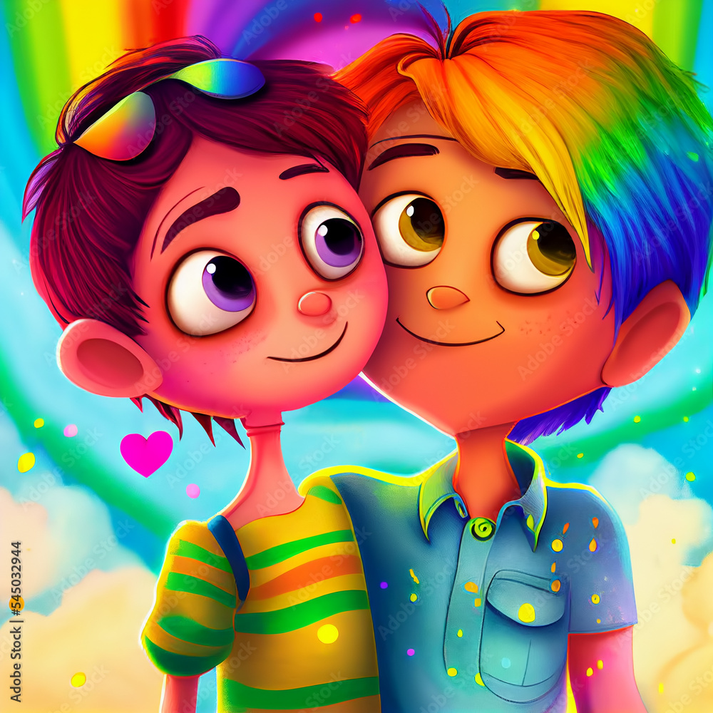 Cartoon illustration of two boys with rainbow colored hear and rainbow ...