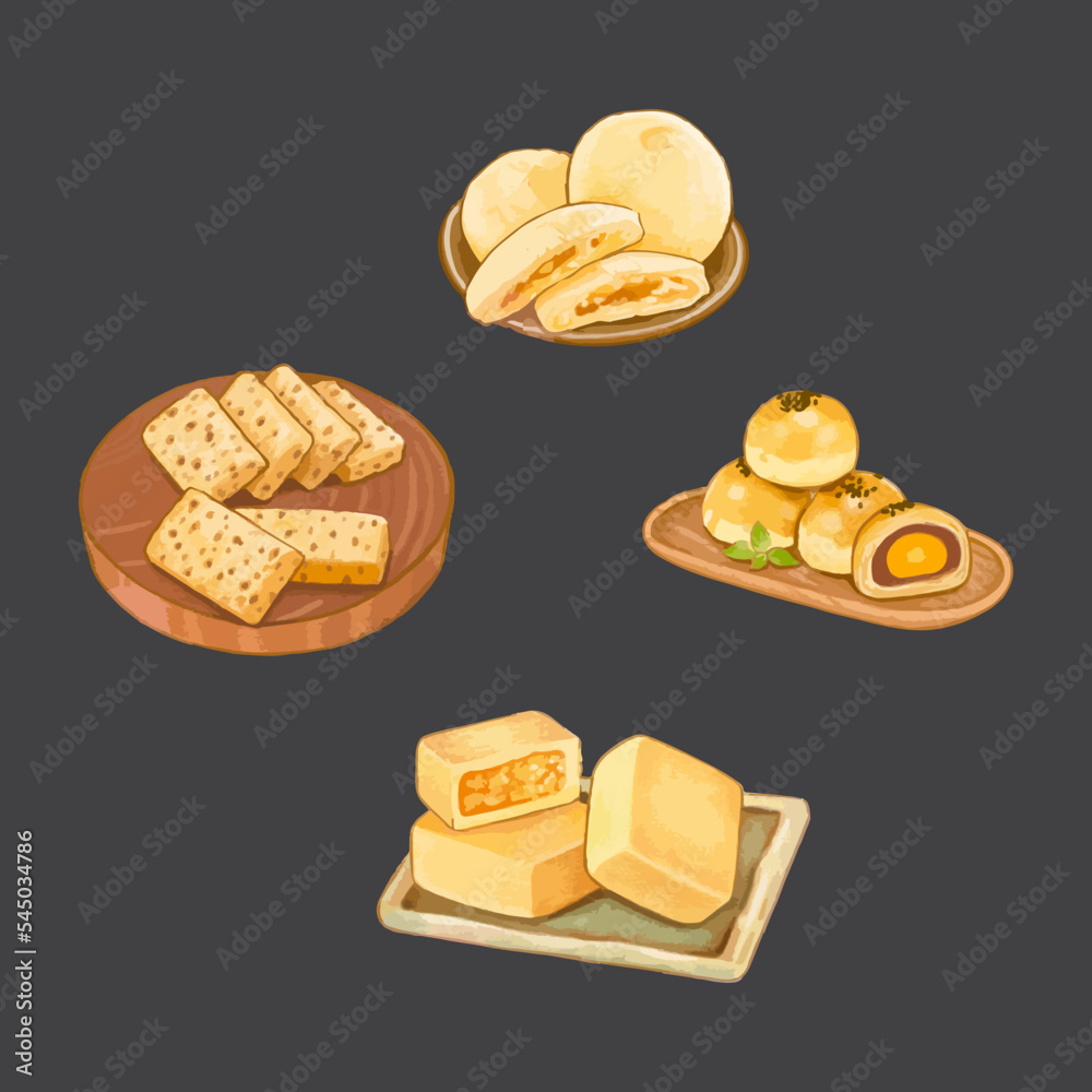 Taiwanese cuisine dishes watercolor vector illustration set. Stock ...