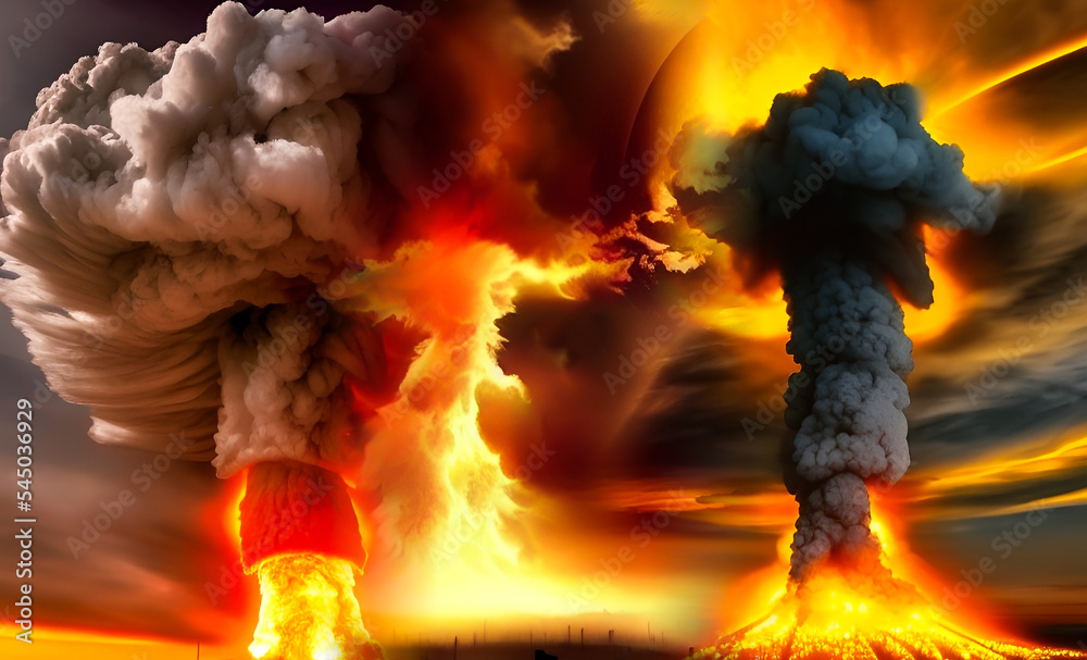 Illustration of atomic explosions with sky on fire and nuclear ...