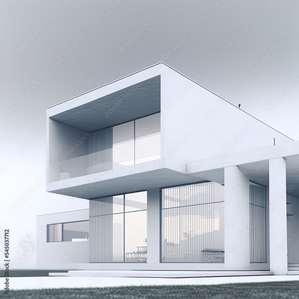3d rendering illustration of white and grey modern minimal house on ...