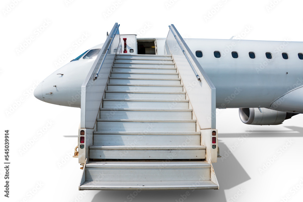 White passenger jet plane with aircraft steps isolated on transparent ...