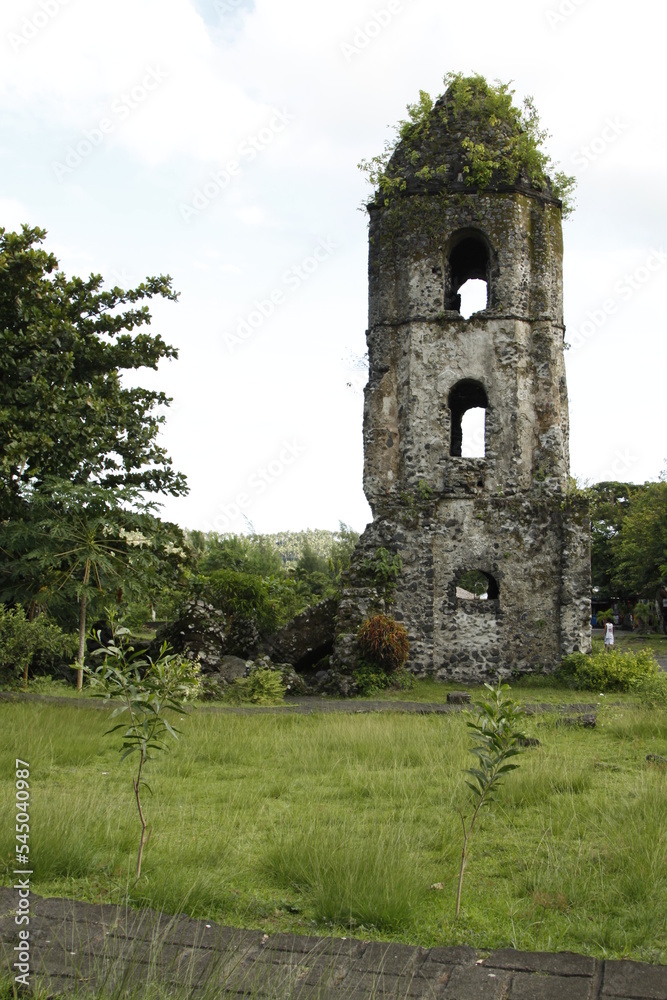 Church ruins overlooking mayon volcano at bicol, philippines Stock ...