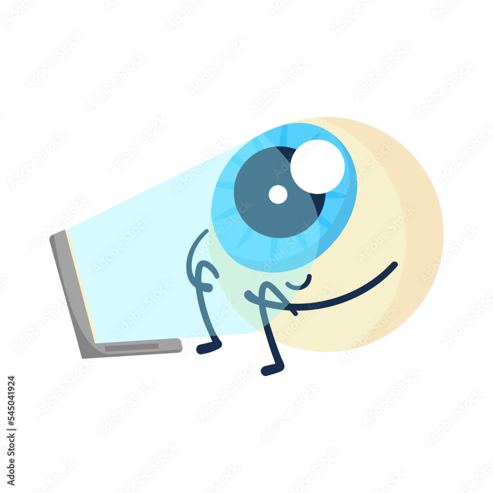 Cute eyeball looking at laptop screen cartoon illustration. Happy eye ...