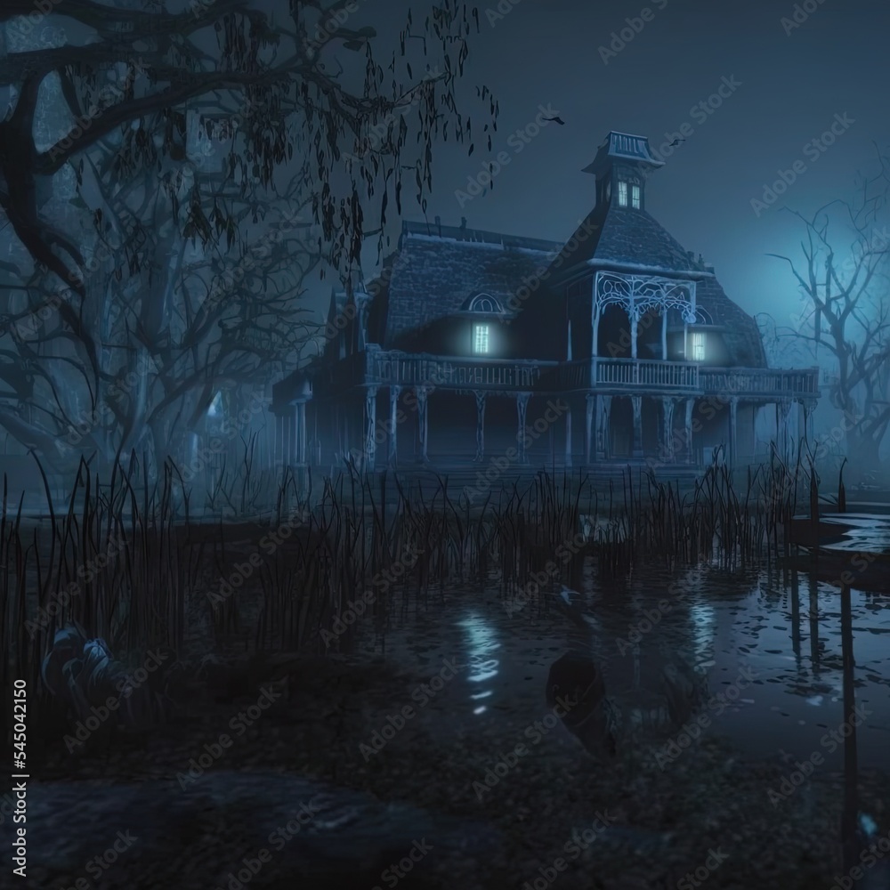 creepy burn haunted mansion in a swamp at night.Horror house with full ...