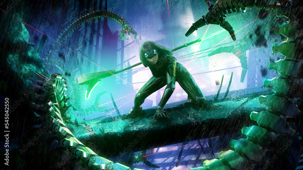 A cyborg girl in a neural helmet and a cyber suit in an epic pose with ...