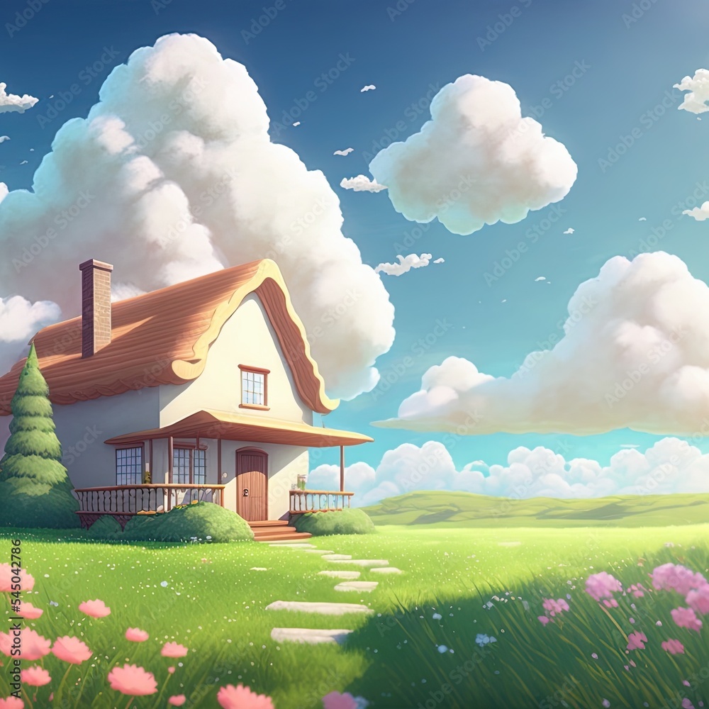 House Inside Nature Landscape With Clouds Illustration of a cartoon ...