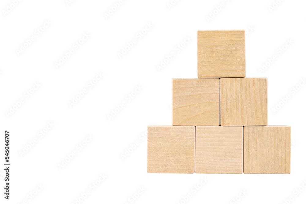 Pyramid of six wooden cubes, space for text. Transparent background ...