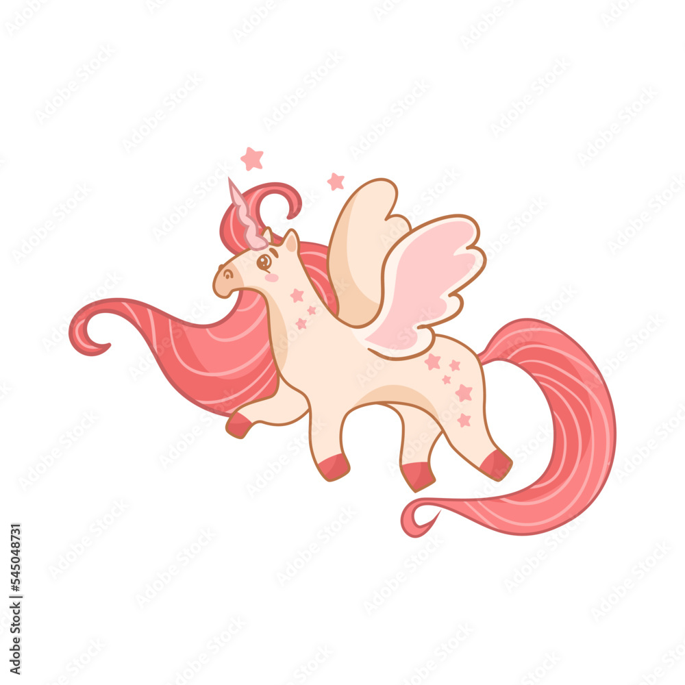 Cute happy unicorn flying in sky cartoon illustration. Beautiful and ...