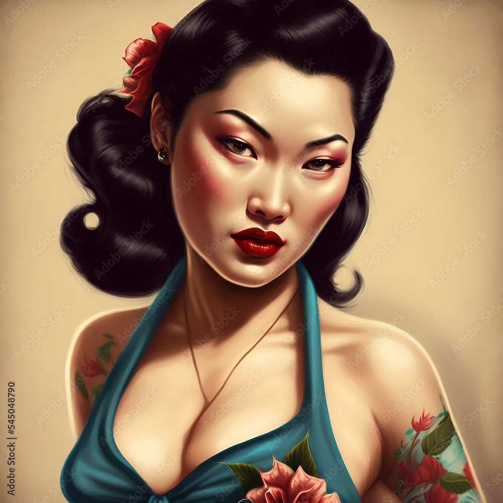 Beautiful Asian Pin Up Model Illustration with Tattoos and Flowers in Vintage Style | Created ...