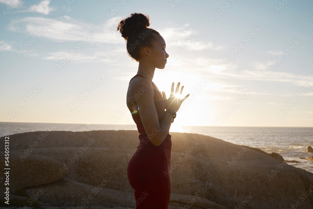 Wellness, yoga and meditation with black woman and fitness at the beach ...
