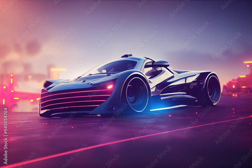 Synth wave car, retrowave supercar 3d render realism Stock Illustration ...