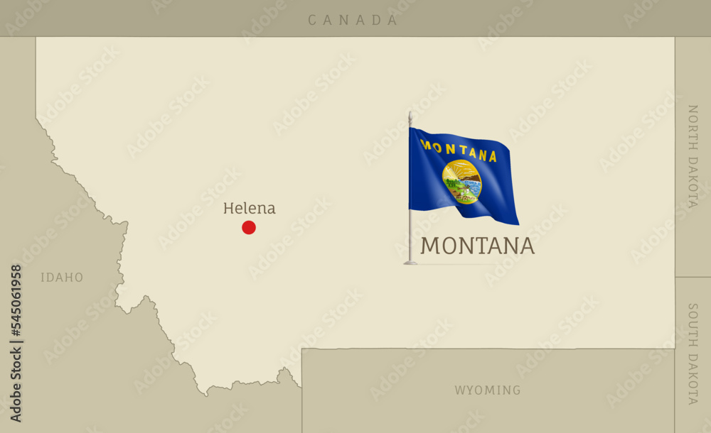 Map of Montana USA federal state with waving flag. Highly detailed ...