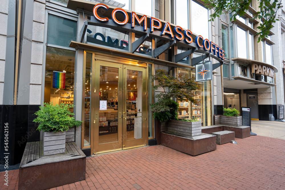 Washington, DC, USA - June 23, 2022: Front view of a Compass Coffee ...
