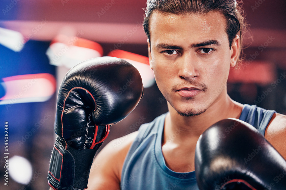 Boxing, boxer and man with fitness boxing gloves in portrait, sport ...