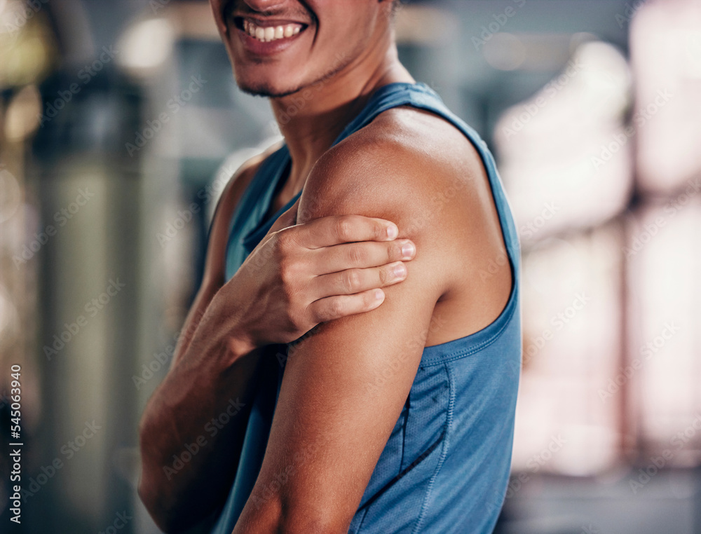 Sports injury, pain and arm massage at gym after accident during ...