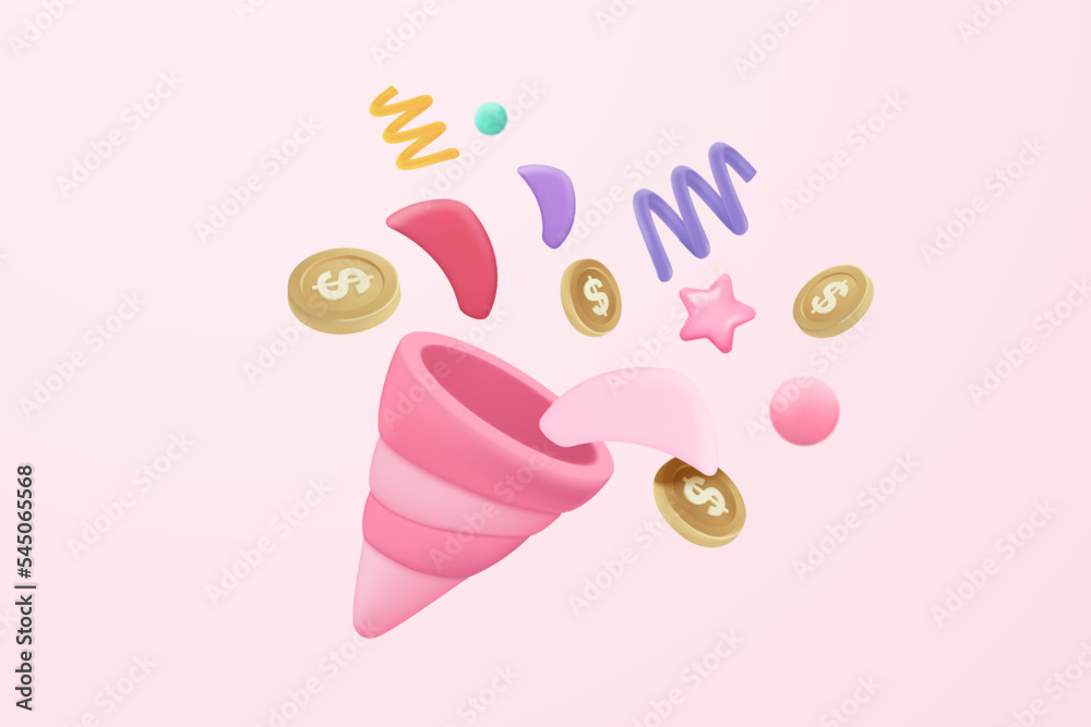 3d party poppers with flying confetti and money coin. Firecracker ...