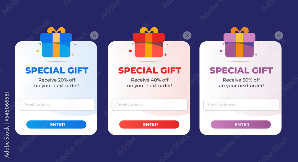 Set of special gift notification pop up banner with mail subscription ...