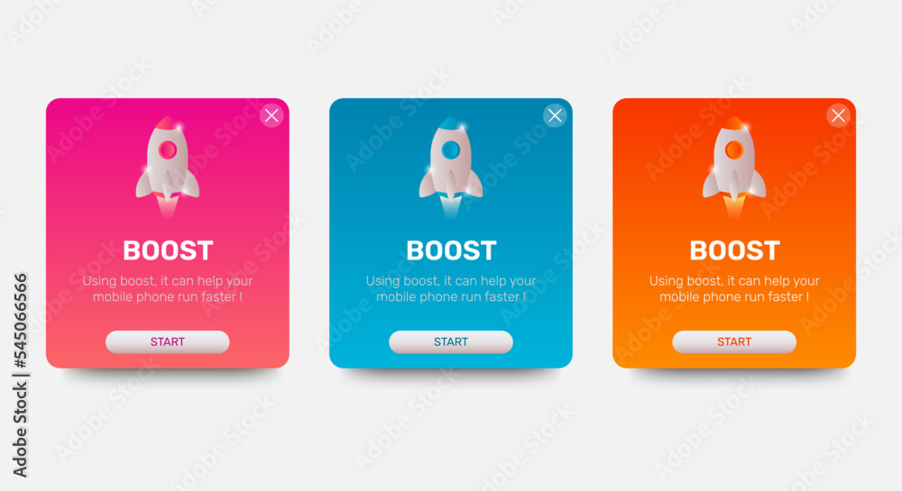 Set of Boost notification pop up banners with rockets. Professional web ...