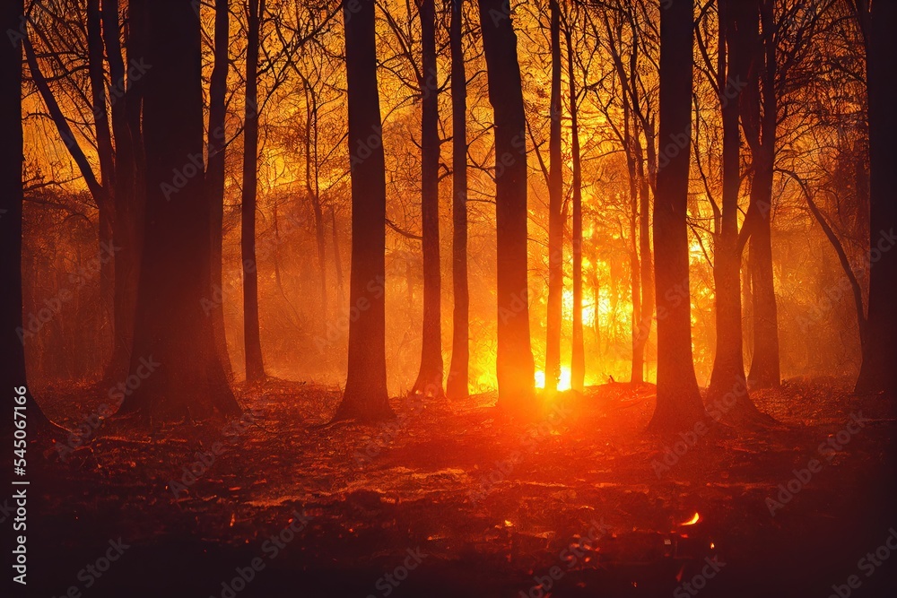 Bushfire apocalypse in forest with big destruction background ...