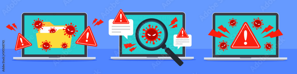 Collection of infected laptops and folders with computer viruses. Cyber ...