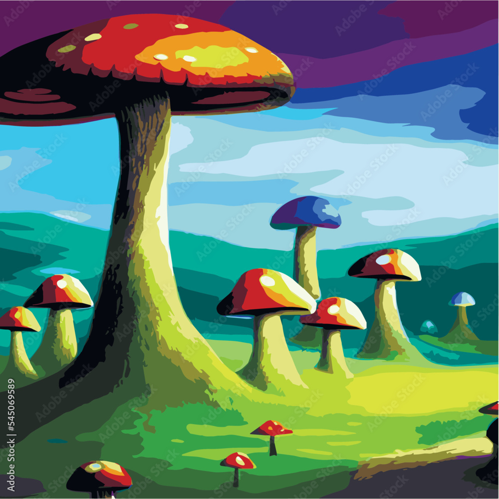 surreal mushroom landscape, vector illustration. Psychedelic art with ...