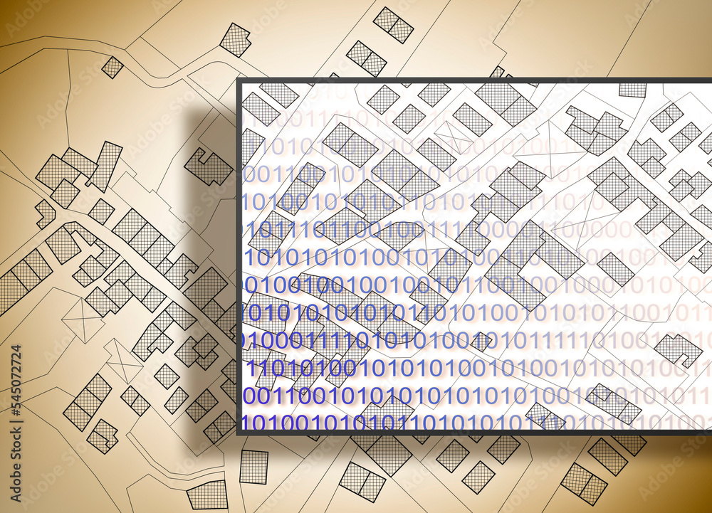 Computerized land registries - concept with an imaginary cadastral map ...