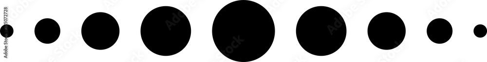 Nine filled black circle shapes in a row, different sizes. Isolated png ...