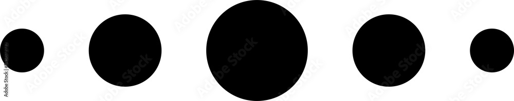 Five filled black circle shapes in a row, different sizes. Isolated png ...