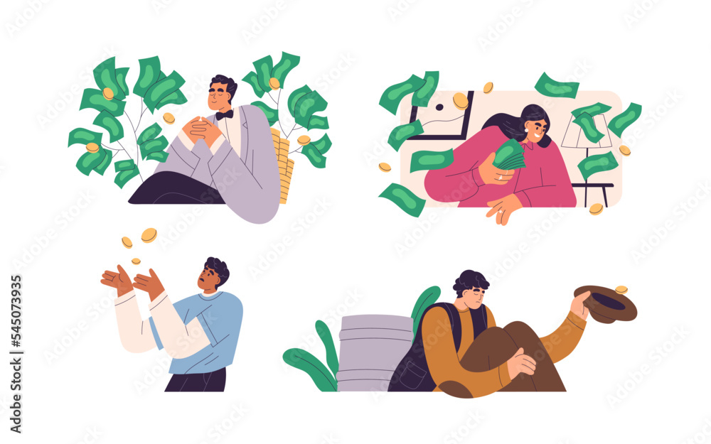Rish and poor people. Wealthy millionaires with money vs unemployed ...